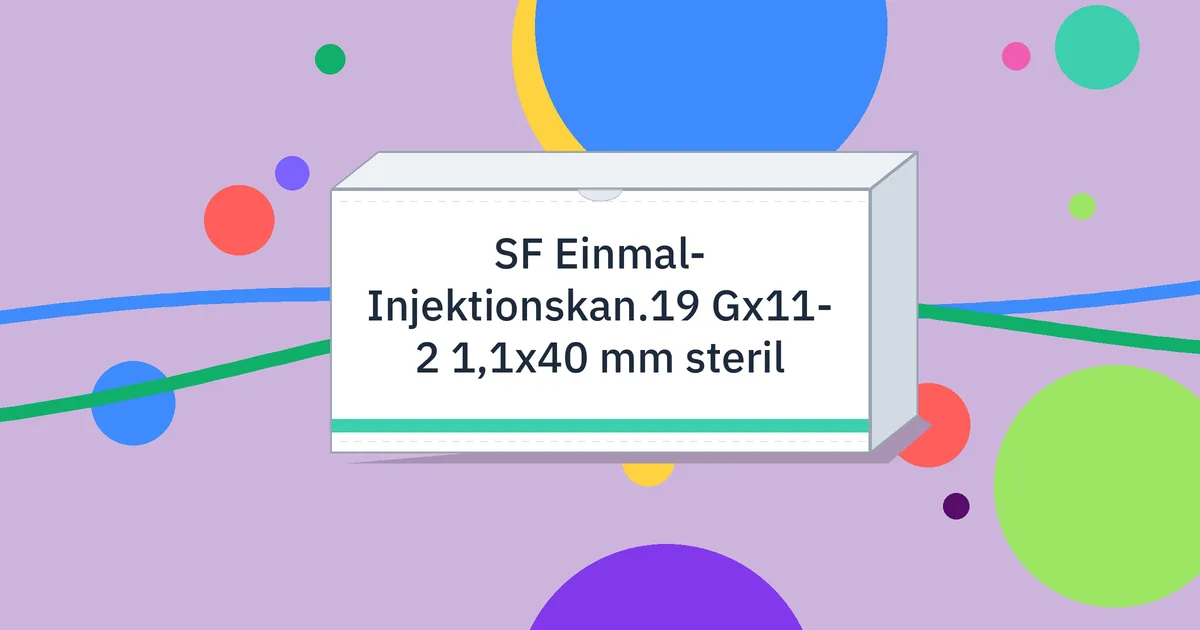 Symbolbild: Packung mit der Aufschrift SF Einmal-Injektionskan.19 Gx11-2 1,1x40 mm steril (PZN 17280707) – Verfügbarkeit und Bezug in Apotheken in Frankfurt am Main