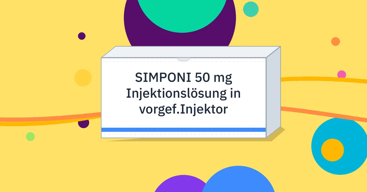 Symbolbild: Packung mit der Aufschrift SIMPONI 50 mg Injektionslösung in vorgef.Injektor (PZN 13566967) – Verfügbarkeit und Bezug in Apotheken in Frankfurt am Main