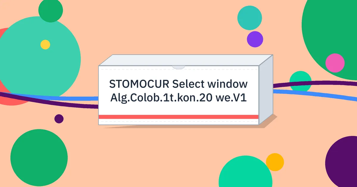 Symbolbild: Packung mit der Aufschrift STOMOCUR Select window Alg.Colob.1t.kon.20 we.V1 (PZN 11549290) – Verfügbarkeit und Bezug in Apotheken in Frankfurt am Main