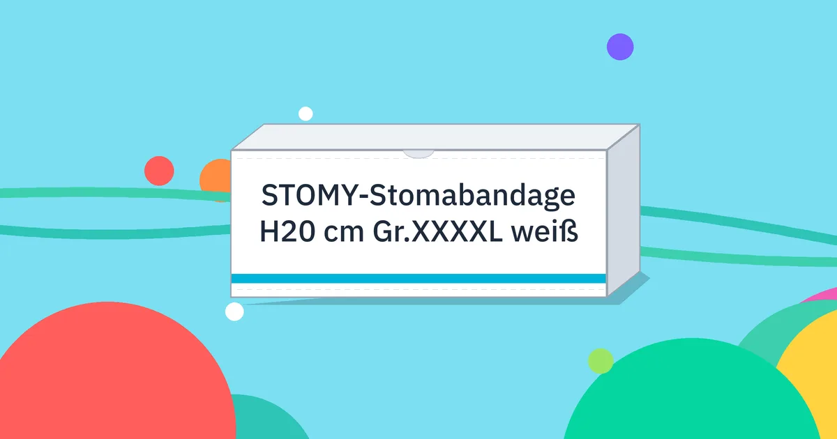 Symbolbild: Packung mit der Aufschrift STOMY-Stomabandage H20 cm Gr.XXXXL weiß (PZN 16314901) – Verfügbarkeit und Bezug in Apotheken in Frankfurt am Main