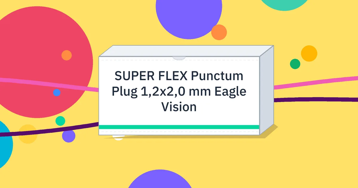 Symbolbild: Packung mit der Aufschrift SUPER FLEX Punctum Plug 1,2x2,0 mm Eagle Vision (PZN 10929234) – Verfügbarkeit und Bezug in Apotheken in Frankfurt am Main