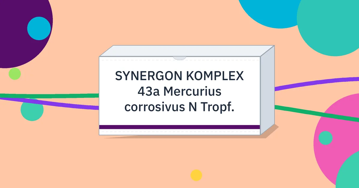 Symbolbild: Packung mit der Aufschrift SYNERGON KOMPLEX 43a Mercurius corrosivus N Tropf. (PZN 04905608) – Verfügbarkeit und Bezug in Apotheken in Frankfurt am Main