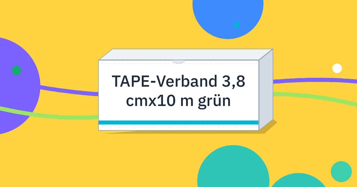 Symbolbild: Packung mit der Aufschrift TAPE-Verband 3,8 cmx10 m grün (PZN 04880050) – Verfügbarkeit und Bezug in Apotheken in Frankfurt am Main