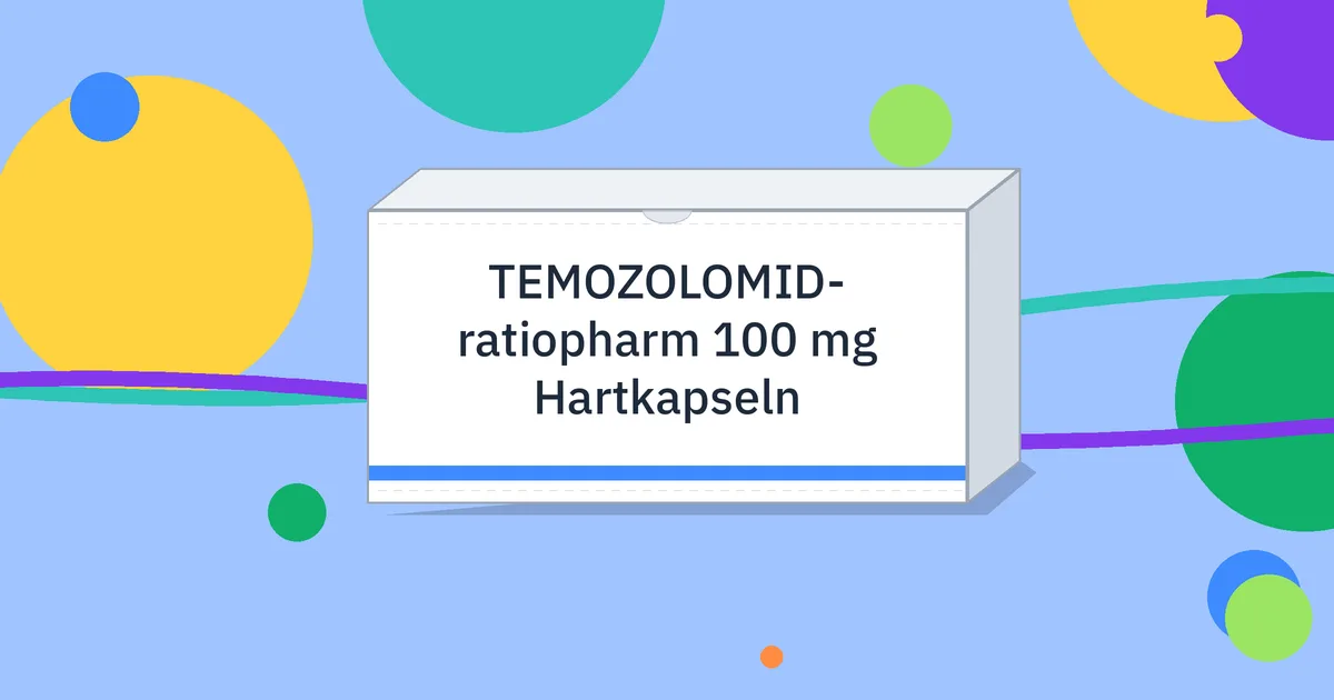 Symbolbild: Packung mit der Aufschrift TEMOZOLOMID-ratiopharm 100 mg Hartkapseln (PZN 05884630) – Verfügbarkeit und Bezug in Apotheken in Frankfurt am Main