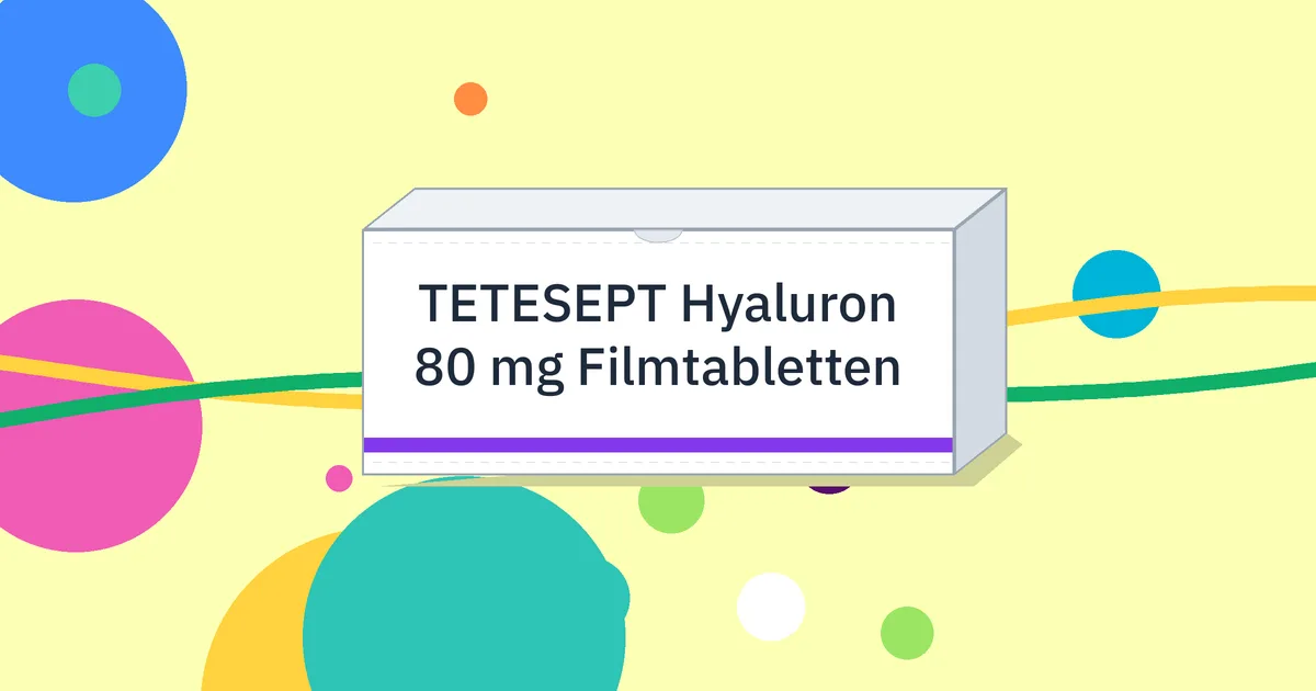 Symbolbild: Packung mit der Aufschrift TETESEPT Hyaluron 80 mg Filmtabletten (PZN 16151072) – Verfügbarkeit und Bezug in Apotheken in Frankfurt am Main