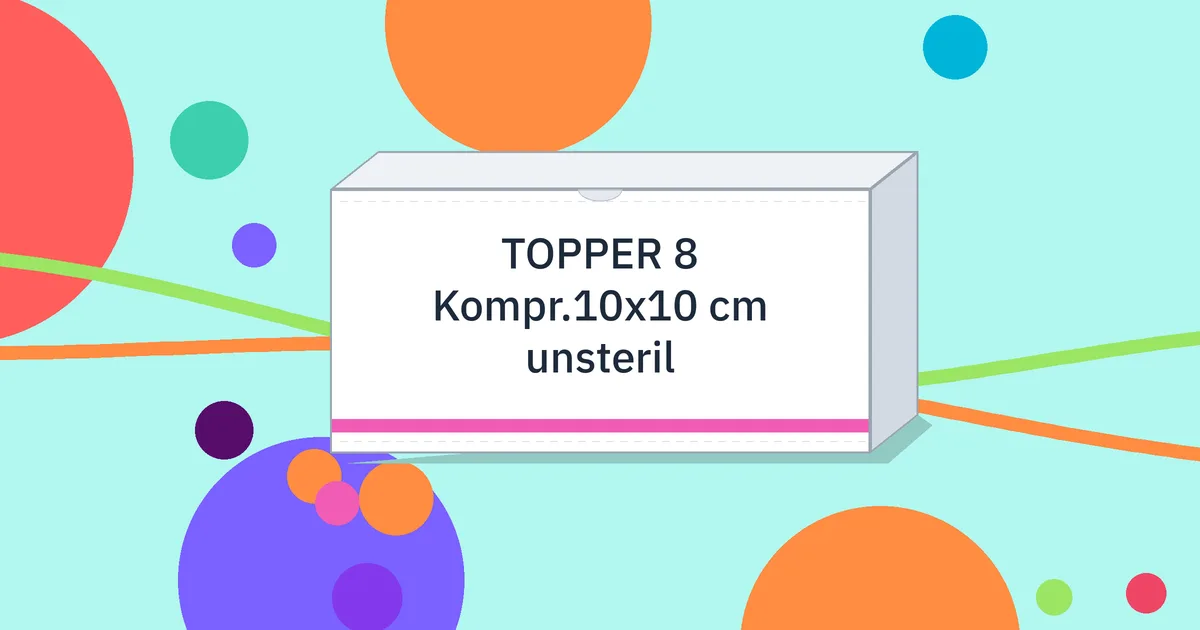 Symbolbild: Packung mit der Aufschrift TOPPER 8 Kompr.10x10 cm unsteril (PZN 18404560) – Verfügbarkeit und Bezug in Apotheken in Frankfurt am Main