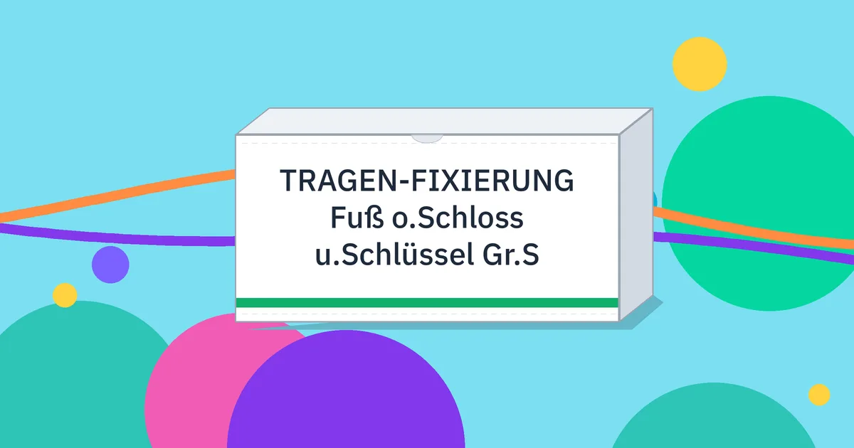 Symbolbild: Packung mit der Aufschrift TRAGEN-FIXIERUNG Fuß o.Schloss u.Schlüssel Gr.S (PZN 17279905) – Verfügbarkeit und Bezug in Apotheken in Frankfurt am Main