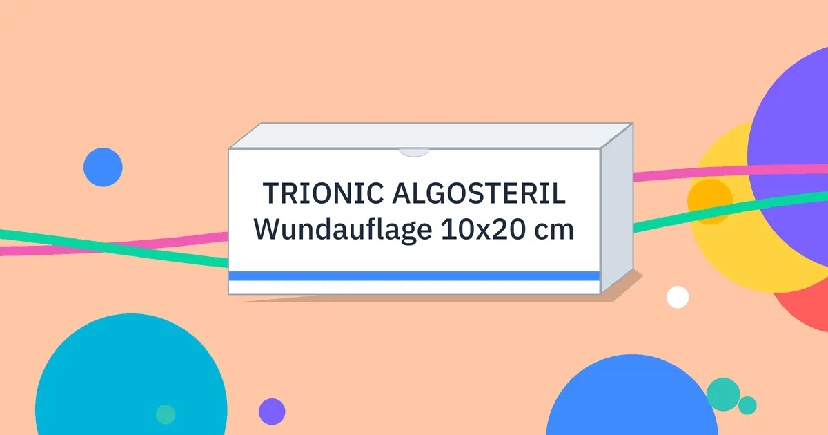 Symbolbild: Packung mit der Aufschrift TRIONIC ALGOSTERIL Wundauflage 10x20 cm (PZN 05139346) – Verfügbarkeit und Bezug in Apotheken in Frankfurt am Main