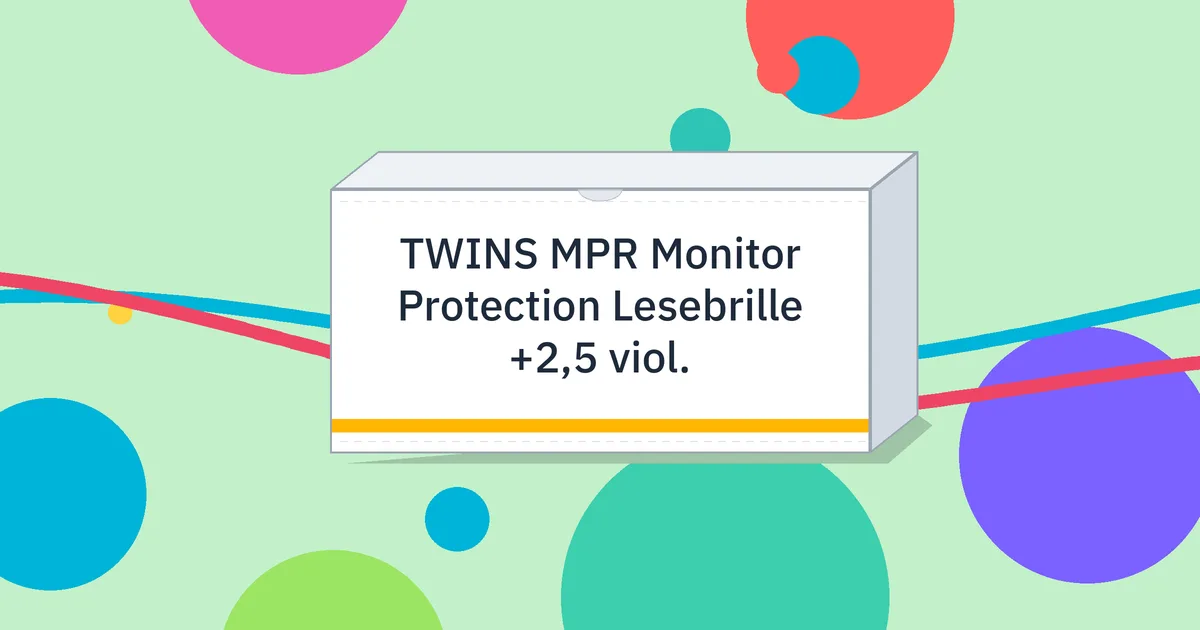 Symbolbild: Packung mit der Aufschrift TWINS MPR Monitor Protection Lesebrille +2,5 viol. (PZN 13344540) – Verfügbarkeit und Bezug in Apotheken in Frankfurt am Main