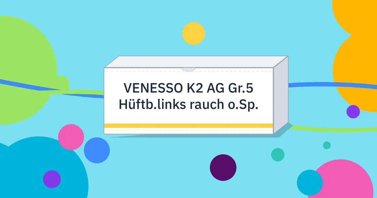 Symbolbild: Packung mit der Aufschrift VENESSO K2 AG Gr.5 Hüftb.links rauch o.Sp. (PZN 03269889) – Verfügbarkeit und Bezug in Apotheken in Frankfurt am Main