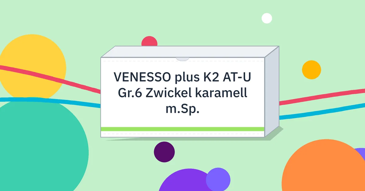 Symbolbild: Packung mit der Aufschrift VENESSO plus K2 AT-U Gr.6 Zwickel karamell m.Sp. (PZN 13759850) – Verfügbarkeit und Bezug in Apotheken in Frankfurt am Main