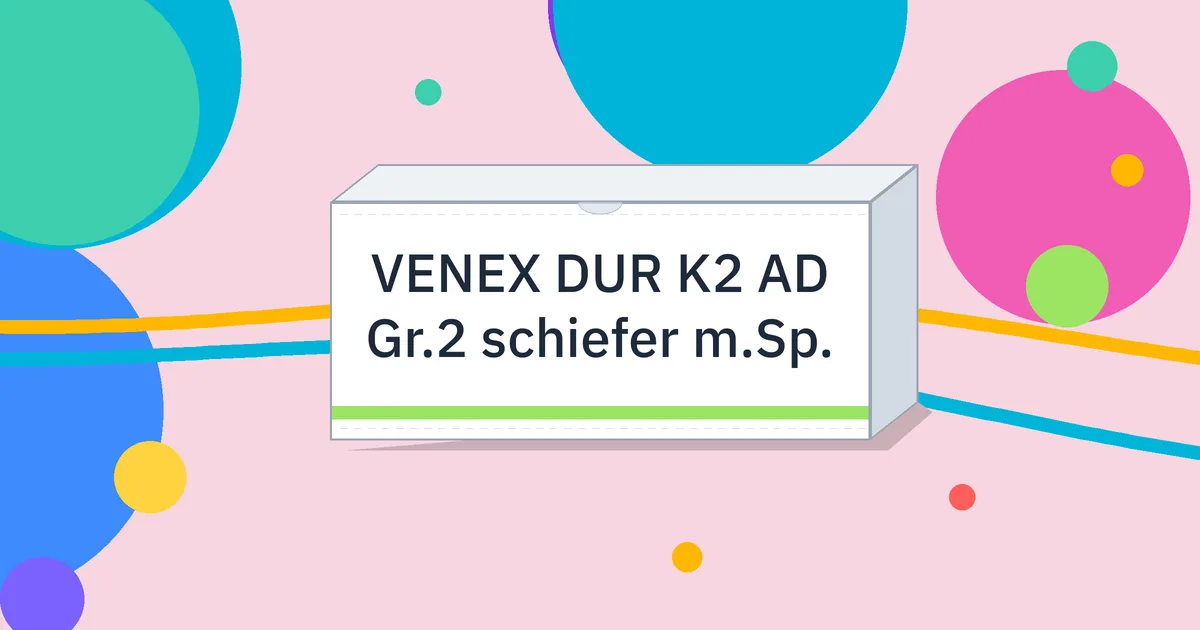 Symbolbild: Packung mit der Aufschrift VENEX DUR K2 AD Gr.2 schiefer m.Sp. (PZN 03209580) – Verfügbarkeit und Bezug in Apotheken in Frankfurt am Main