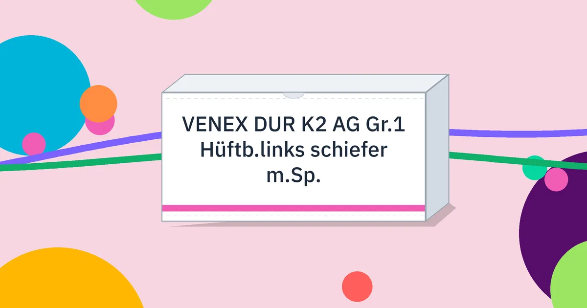 Symbolbild: Packung mit der Aufschrift VENEX DUR K2 AG Gr.1 Hüftb.links schiefer m.Sp. (PZN 03226590) – Verfügbarkeit und Bezug in Apotheken in Frankfurt am Main