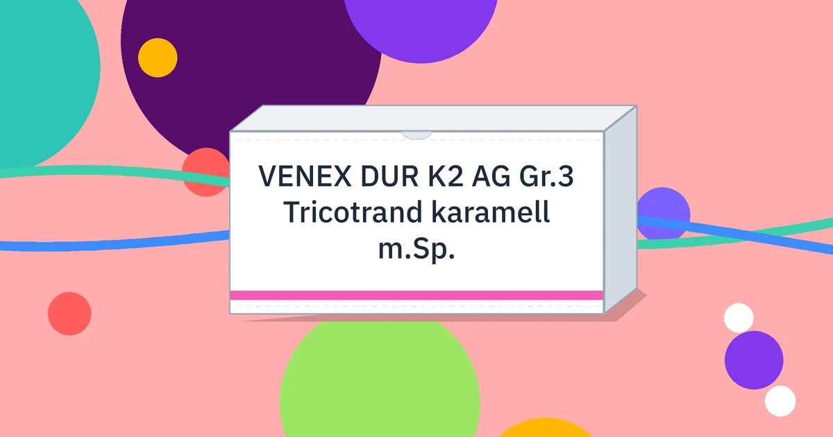 Symbolbild: Packung mit der Aufschrift VENEX DUR K2 AG Gr.3 Tricotrand karamell m.Sp. (PZN 13762817) – Verfügbarkeit und Bezug in Apotheken in Frankfurt am Main