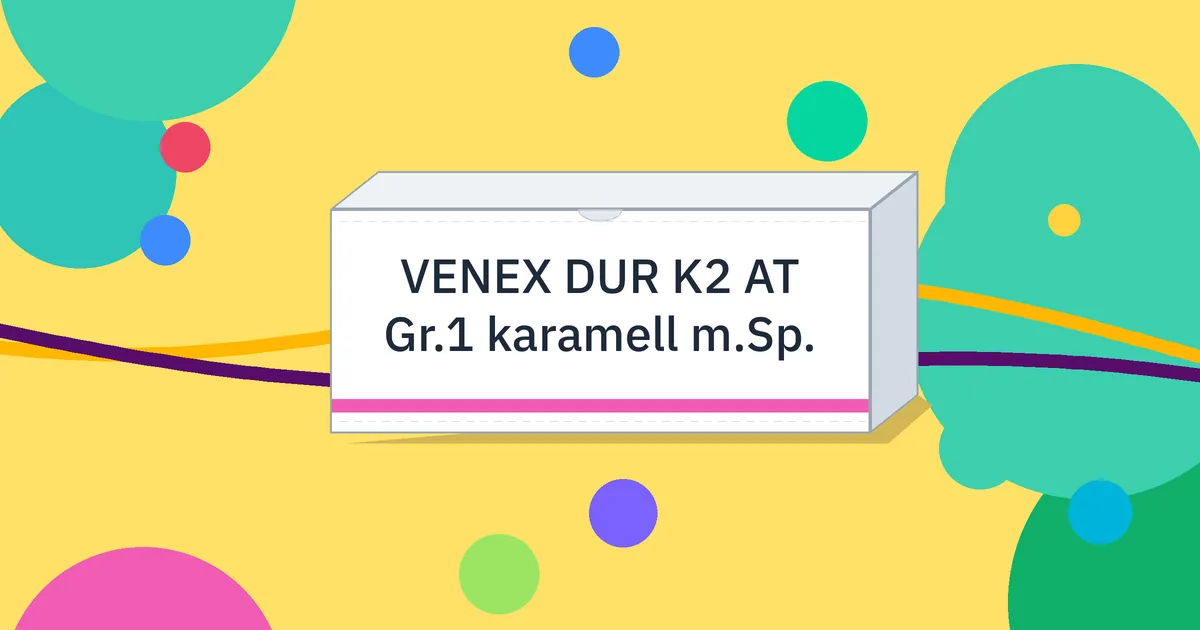 Symbolbild: Packung mit der Aufschrift VENEX DUR K2 AT Gr.1 karamell m.Sp. (PZN 13757880) – Verfügbarkeit und Bezug in Apotheken in Frankfurt am Main