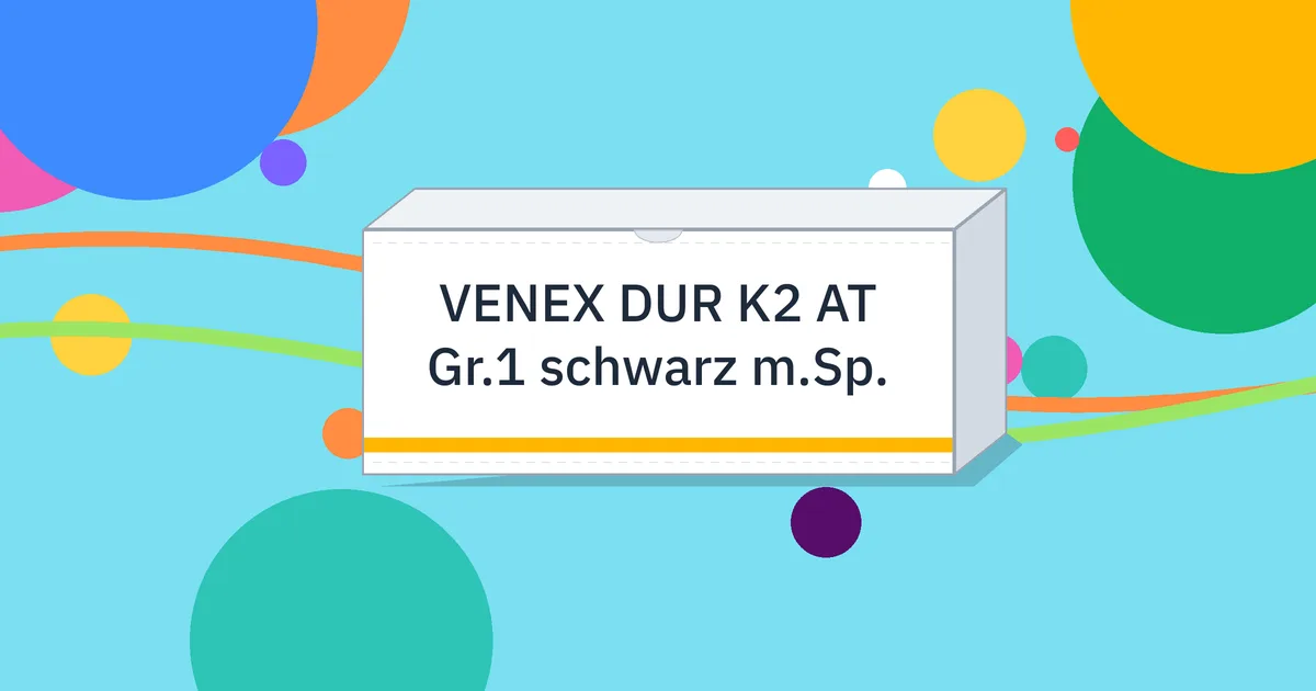 Symbolbild: Packung mit der Aufschrift VENEX DUR K2 AT Gr.1 schwarz m.Sp. (PZN 03222095) – Verfügbarkeit und Bezug in Apotheken in Frankfurt am Main