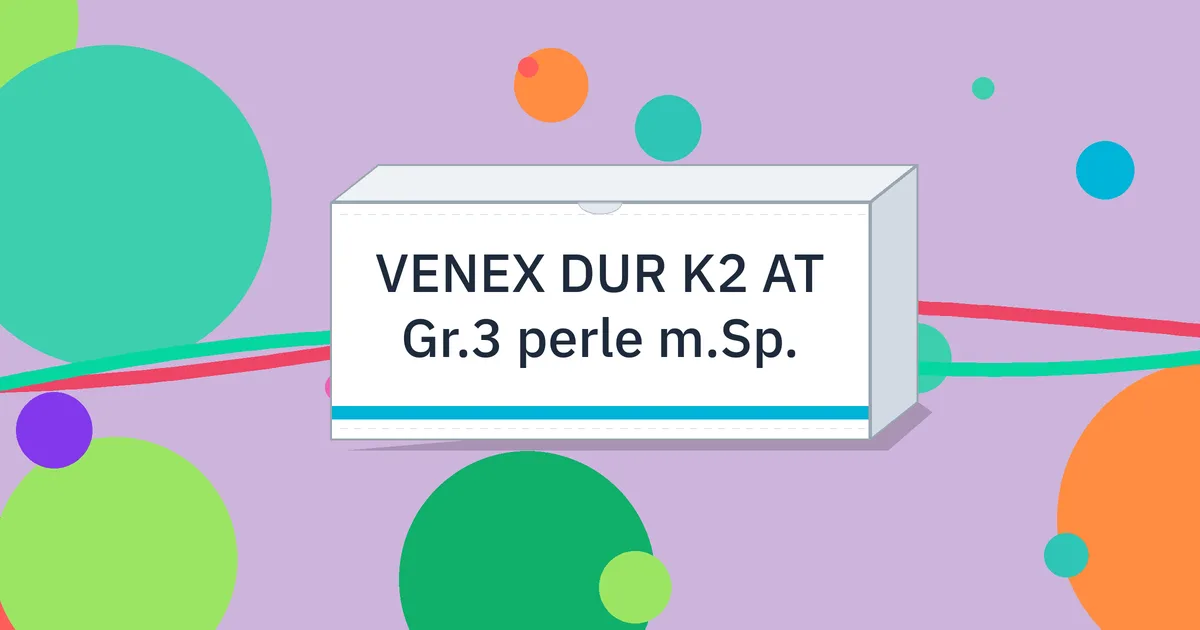 Symbolbild: Packung mit der Aufschrift VENEX DUR K2 AT Gr.3 perle m.Sp. (PZN 03221776) – Verfügbarkeit und Bezug in Apotheken in Frankfurt am Main