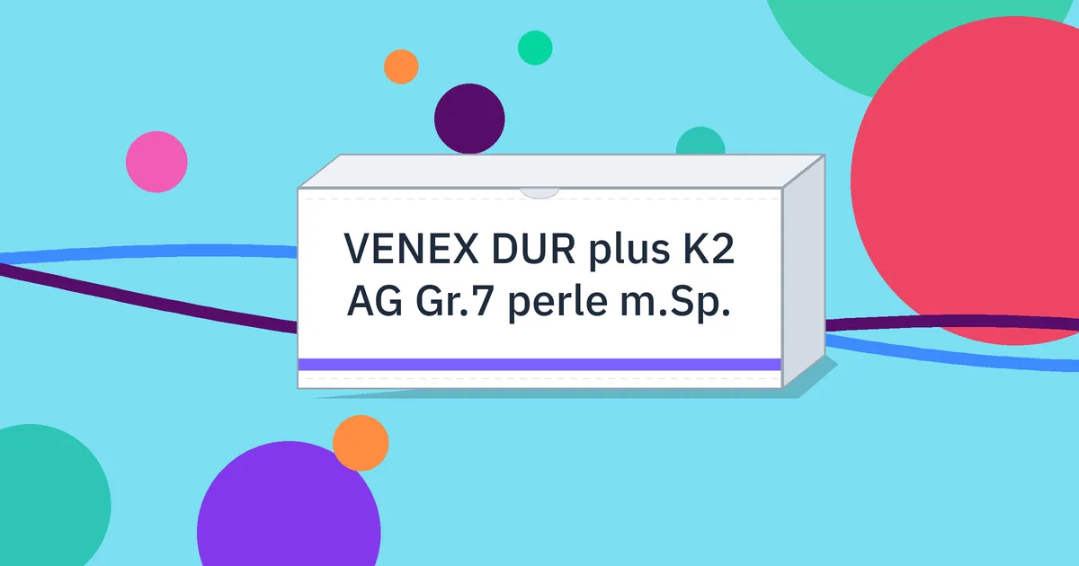 Symbolbild: Packung mit der Aufschrift VENEX DUR plus K2 AG Gr.7 perle m.Sp. (PZN 03235264) – Verfügbarkeit und Bezug in Apotheken in Frankfurt am Main