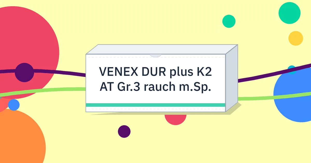 Symbolbild: Packung mit der Aufschrift VENEX DUR plus K2 AT Gr.3 rauch m.Sp. (PZN 03234201) – Verfügbarkeit und Bezug in Apotheken in Frankfurt am Main