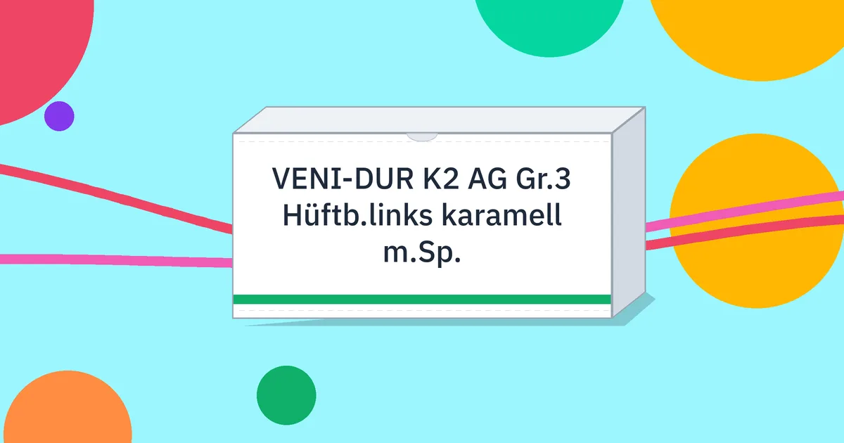 Symbolbild: Packung mit der Aufschrift VENI-DUR K2 AG Gr.3 Hüftb.links karamell m.Sp. (PZN 13760511) – Verfügbarkeit und Bezug in Apotheken in Frankfurt am Main