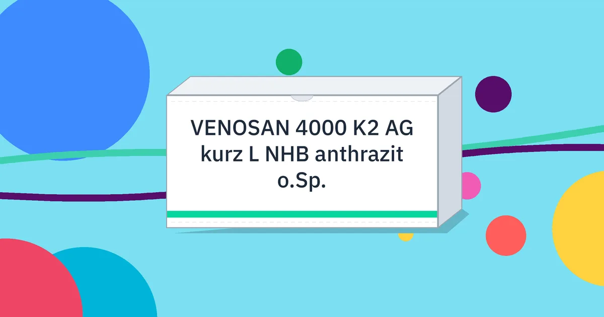 Symbolbild: Packung mit der Aufschrift VENOSAN 4000 K2 AG kurz L NHB anthrazit o.Sp. (PZN 16601865) – Verfügbarkeit und Bezug in Apotheken in Frankfurt am Main