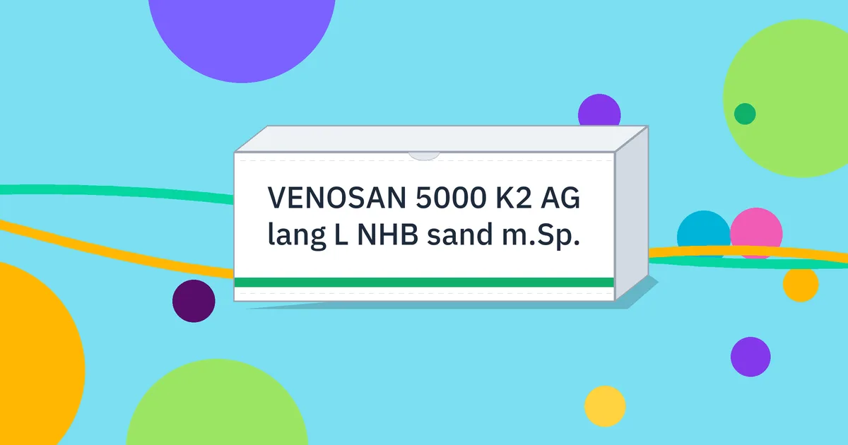 Symbolbild: Packung mit der Aufschrift VENOSAN 5000 K2 AG lang L NHB sand m.Sp. (PZN 14428894) – Verfügbarkeit und Bezug in Apotheken in Frankfurt am Main