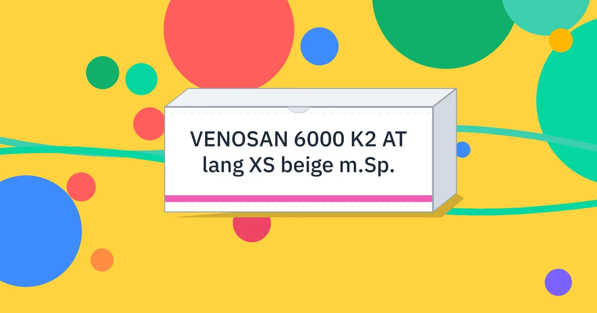 Symbolbild: Packung mit der Aufschrift VENOSAN 6000 K2 AT lang XS beige m.Sp. (PZN 17173118) – Verfügbarkeit und Bezug in Apotheken in Frankfurt am Main