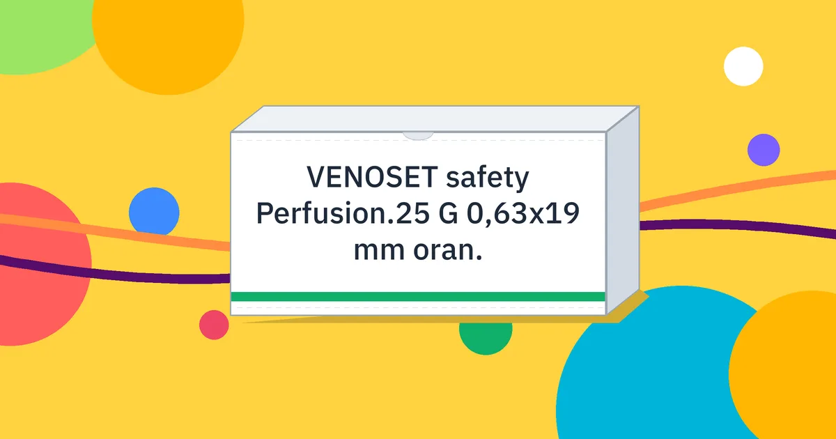 Symbolbild: Packung mit der Aufschrift VENOSET safety Perfusion.25 G 0,63x19 mm oran. (PZN 13847011) – Verfügbarkeit und Bezug in Apotheken in Frankfurt am Main