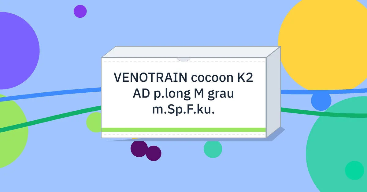 Symbolbild: Packung mit der Aufschrift VENOTRAIN cocoon K2 AD p.long M grau m.Sp.F.ku. (PZN 19198654) – Verfügbarkeit und Bezug in Apotheken in Frankfurt am Main