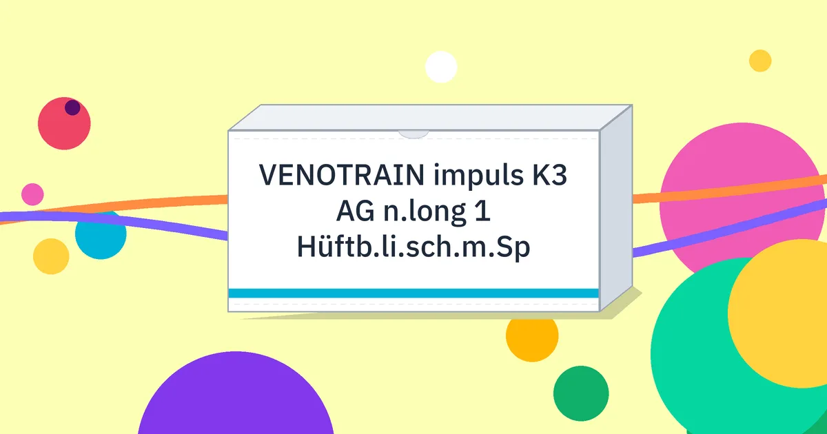 Symbolbild: Packung mit der Aufschrift VENOTRAIN impuls K3 AG n.long 1 Hüftb.li.sch.m.Sp (PZN 10295611) – Verfügbarkeit und Bezug in Apotheken in Frankfurt am Main