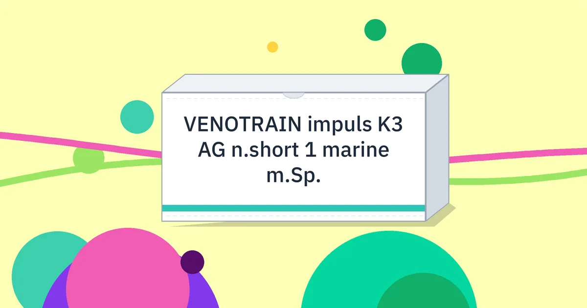 Symbolbild: Packung mit der Aufschrift VENOTRAIN impuls K3 AG n.short 1 marine m.Sp. (PZN 15212831) – Verfügbarkeit und Bezug in Apotheken in Frankfurt am Main