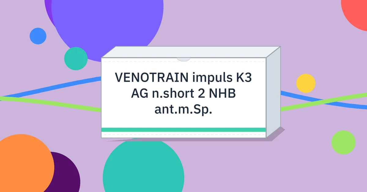 Symbolbild: Packung mit der Aufschrift VENOTRAIN impuls K3 AG n.short 2 NHB ant.m.Sp. (PZN 15215806) – Verfügbarkeit und Bezug in Apotheken in Frankfurt am Main
