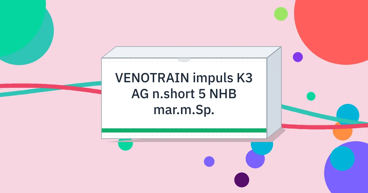 Symbolbild: Packung mit der Aufschrift VENOTRAIN impuls K3 AG n.short 5 NHB mar.m.Sp. (PZN 15215249) – Verfügbarkeit und Bezug in Apotheken in Frankfurt am Main
