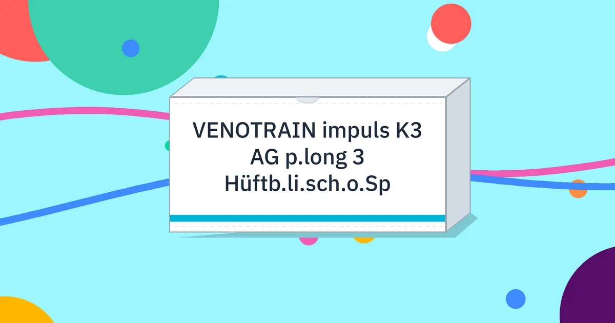 Symbolbild: Packung mit der Aufschrift VENOTRAIN impuls K3 AG p.long 3 Hüftb.li.sch.o.Sp (PZN 10296094) – Verfügbarkeit und Bezug in Apotheken in Frankfurt am Main