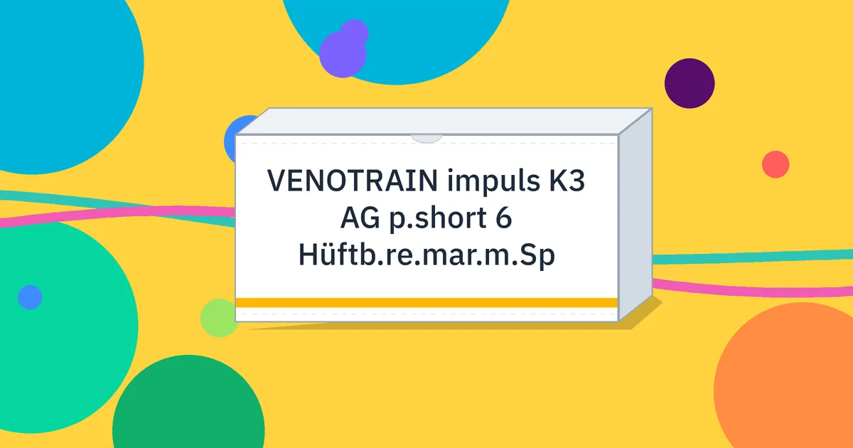 Symbolbild: Packung mit der Aufschrift VENOTRAIN impuls K3 AG p.short 6 Hüftb.re.mar.m.Sp (PZN 15217739) – Verfügbarkeit und Bezug in Apotheken in Frankfurt am Main