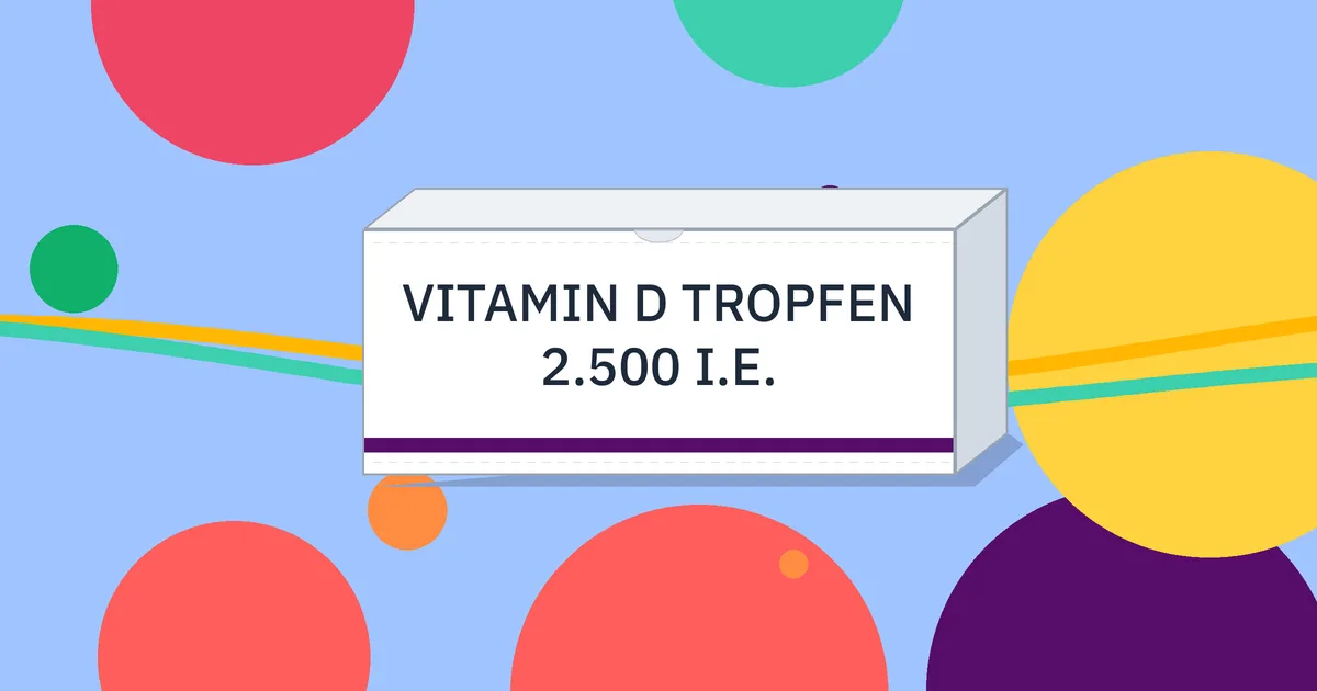Symbolbild: Packung mit der Aufschrift VITAMIN D TROPFEN 2.500 I.E. (PZN 19302583) – Verfügbarkeit und Bezug in Apotheken in Frankfurt am Main