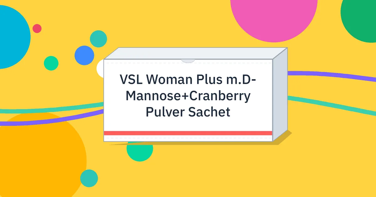 Symbolbild: Packung mit der Aufschrift VSL Woman Plus m.D-Mannose+Cranberry Pulver Sachet (PZN 19176641) – Verfügbarkeit und Bezug in Apotheken in Frankfurt am Main