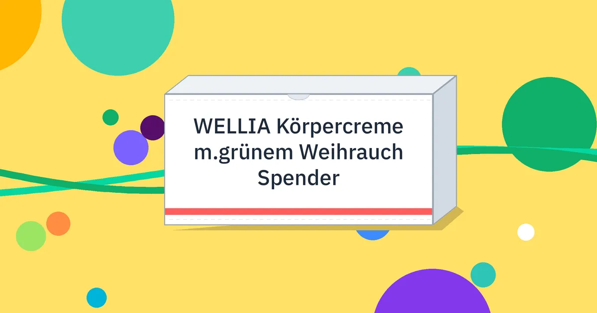 Symbolbild: Packung mit der Aufschrift WELLIA Körpercreme m.grünem Weihrauch Spender (PZN 19146798) – Verfügbarkeit und Bezug in Apotheken in Frankfurt am Main