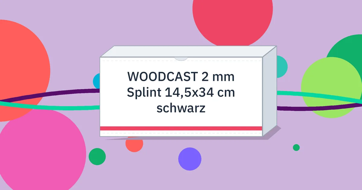 Symbolbild: Packung mit der Aufschrift WOODCAST 2 mm Splint 14,5x34 cm schwarz (PZN 11598673) – Verfügbarkeit und Bezug in Apotheken in Frankfurt am Main