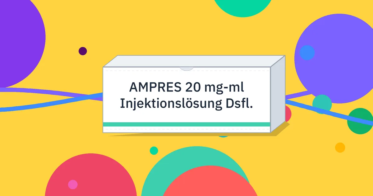 Symbolbild: Packung mit der Aufschrift AMPRES 20 mg-ml Injektionslösung Dsfl. (PZN 16536145) – Verfügbarkeit und Bezug in Apotheken in Frankfurt am Main