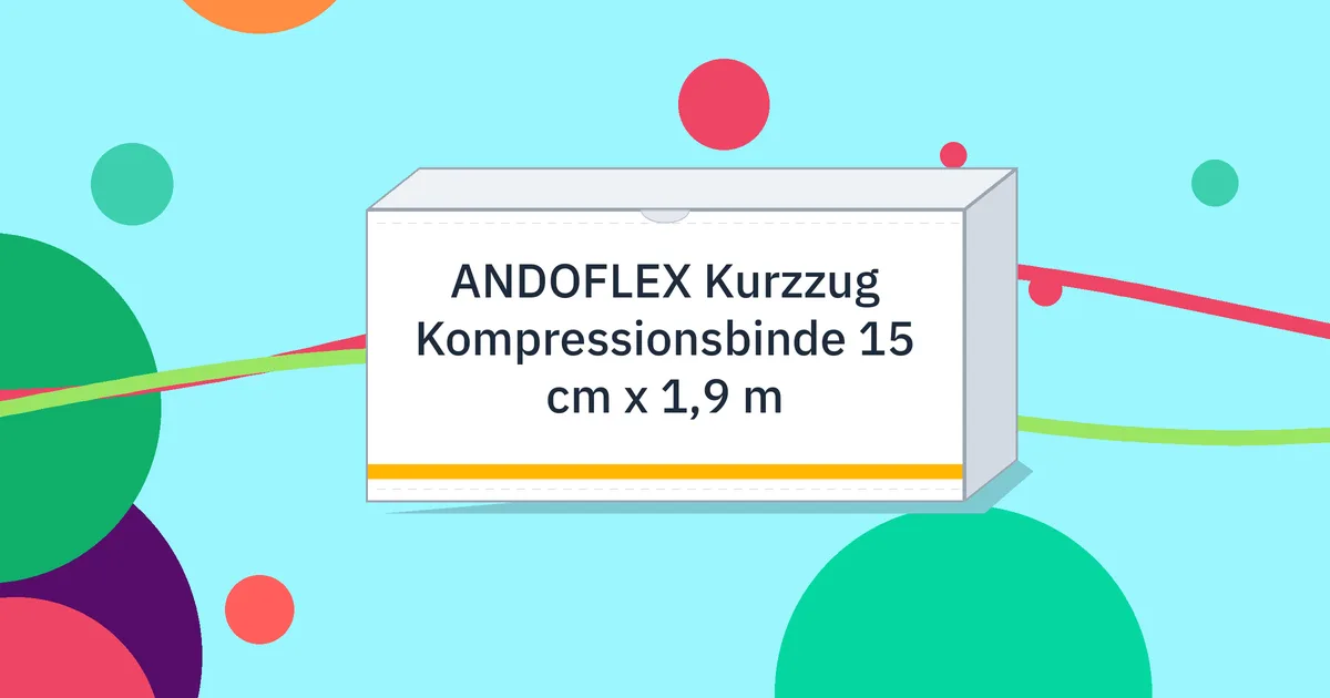Symbolbild: Packung mit der Aufschrift ANDOFLEX Kurzzug Kompressionsbinde 15 cm x 1,9 m (PZN 12494875) – Verfügbarkeit und Bezug in Apotheken in Frankfurt am Main