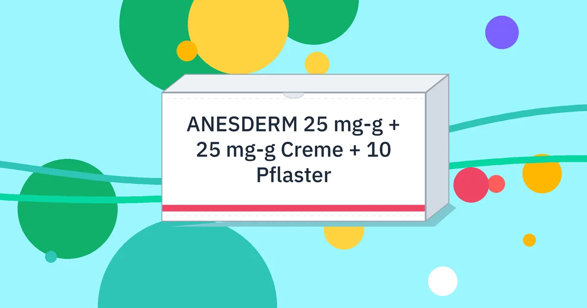 Symbolbild: Packung mit der Aufschrift ANESDERM 25 mg-g + 25 mg-g Creme + 10 Pflaster (PZN 12520704) – Verfügbarkeit und Bezug in Apotheken in Frankfurt am Main