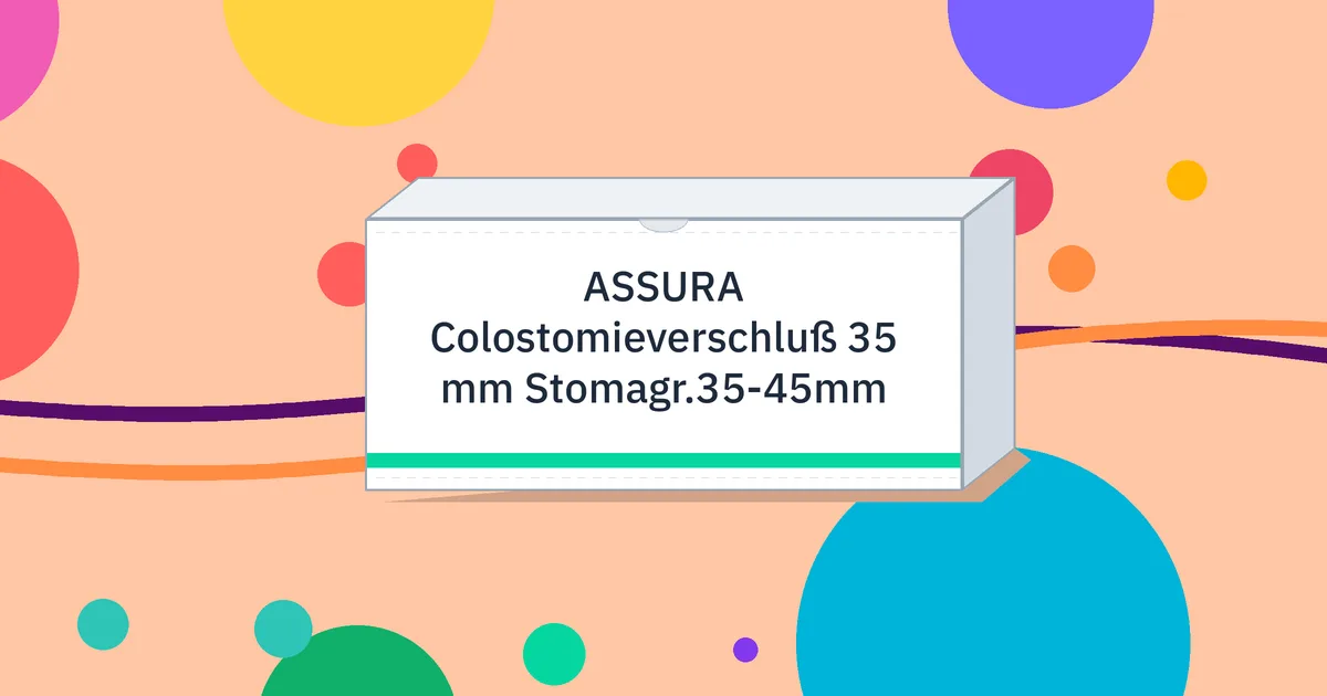 Symbolbild: Packung mit der Aufschrift ASSURA Colostomieverschluß 35 mm Stomagr.35-45mm (PZN 00497495) – Verfügbarkeit und Bezug in Apotheken in Frankfurt am Main