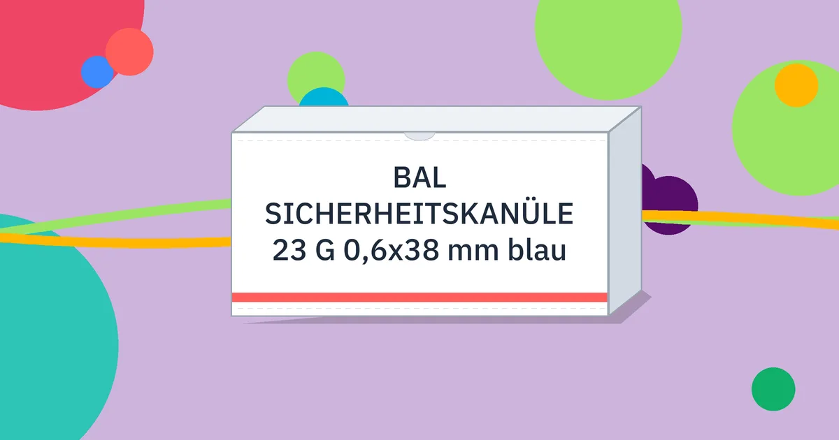 Symbolbild: Packung mit der Aufschrift BAL SICHERHEITSKANÜLE 23 G 0,6x38 mm blau (PZN 19124319) – Verfügbarkeit und Bezug in Apotheken in Frankfurt am Main