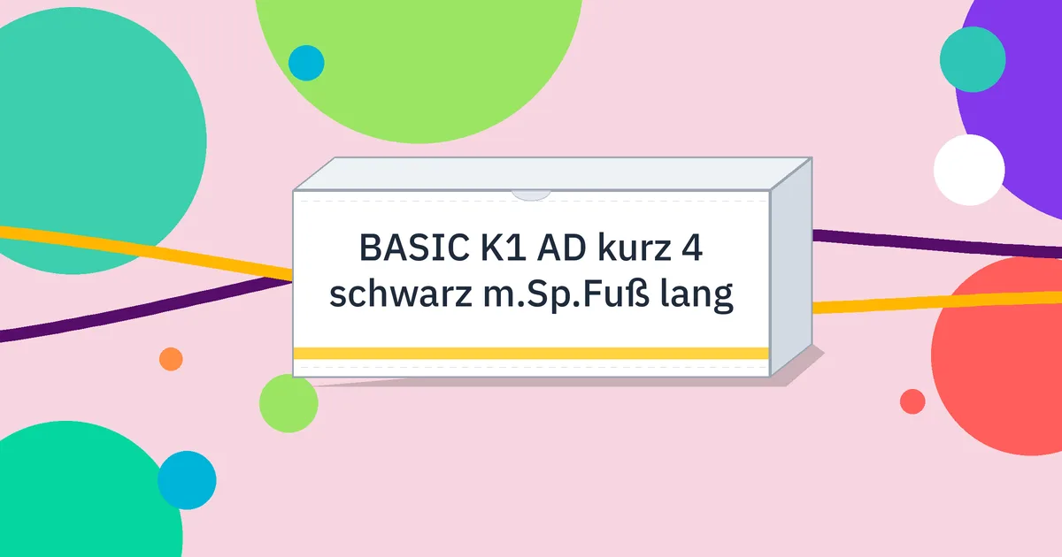 Symbolbild: Packung mit der Aufschrift BASIC K1 AD kurz 4 schwarz m.Sp.Fuß lang (PZN 20258226) – Verfügbarkeit und Bezug in Apotheken in Frankfurt am Main