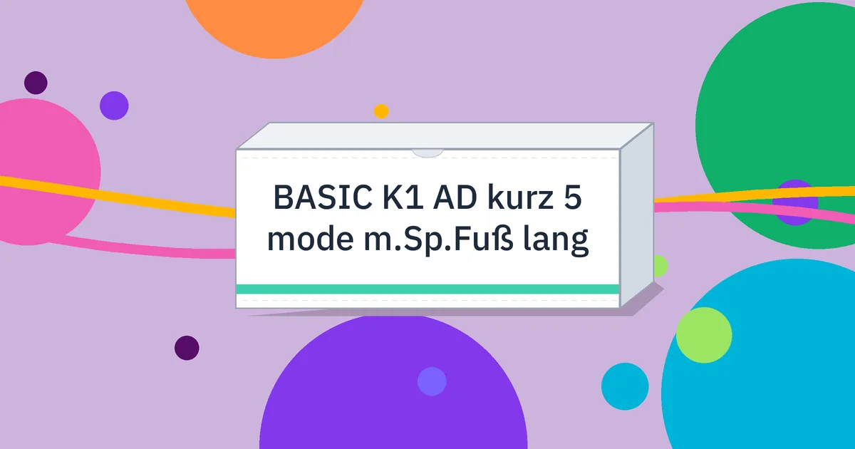 Symbolbild: Packung mit der Aufschrift BASIC K1 AD kurz 5 mode m.Sp.Fuß lang (PZN 20258953) – Verfügbarkeit und Bezug in Apotheken in Frankfurt am Main