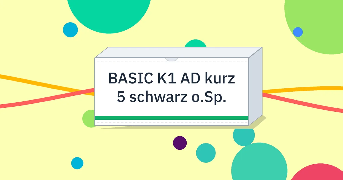Symbolbild: Packung mit der Aufschrift BASIC K1 AD kurz 5 schwarz o.Sp. (PZN 20258640) – Verfügbarkeit und Bezug in Apotheken in Frankfurt am Main