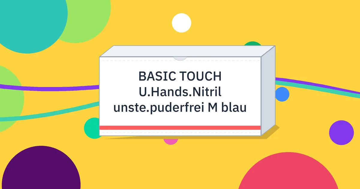 Symbolbild: Packung mit der Aufschrift BASIC TOUCH U.Hands.Nitril unste.puderfrei M blau (PZN 15257443) – Verfügbarkeit und Bezug in Apotheken in Frankfurt am Main