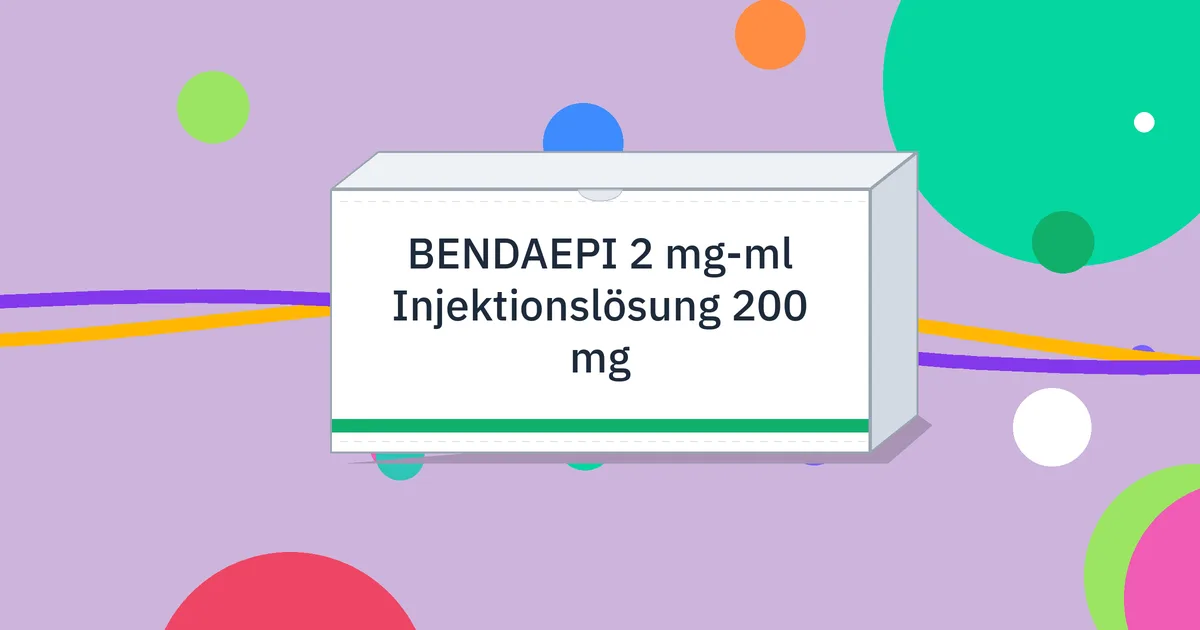 Symbolbild: Packung mit der Aufschrift BENDAEPI 2 mg-ml Injektionslösung 200 mg (PZN 04924014) – Verfügbarkeit und Bezug in Apotheken in Frankfurt am Main