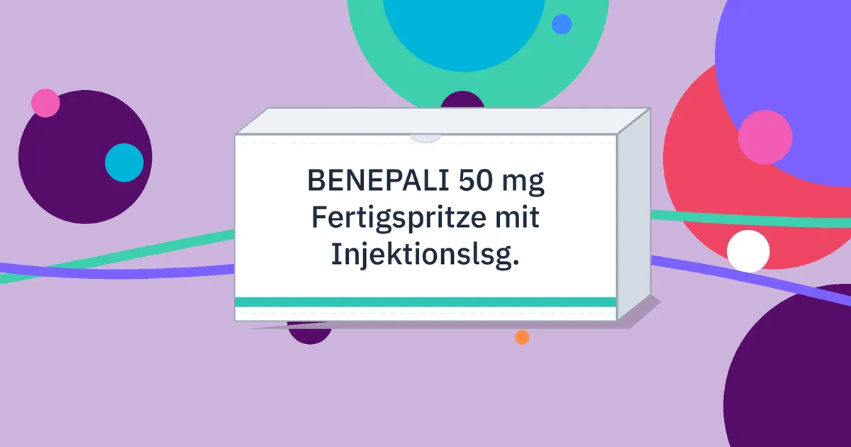 Symbolbild: Packung mit der Aufschrift BENEPALI 50 mg Fertigspritze mit Injektionslsg. (PZN 14215098) – Verfügbarkeit und Bezug in Apotheken in Frankfurt am Main